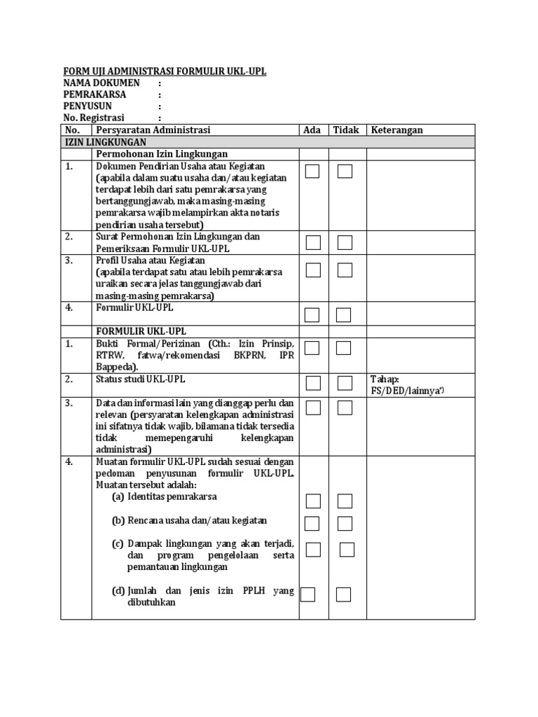 Form Uji Administrasi Formulir Ukl Upl | PDF