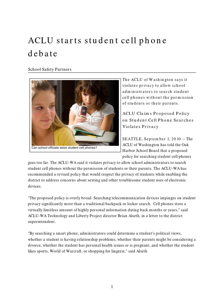 ACLU Starts Student Cell Phone Debate | PDF | American Civil Liberties ...