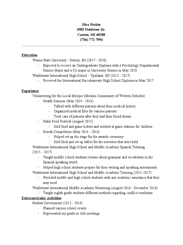 Hira Haider Resume | PDF | Bachelor's Degree | Academia