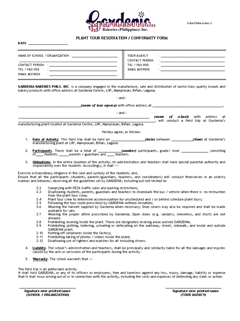 Plant Tour Reservation / Conformity Form Bakeries (Philippines) Inc ...