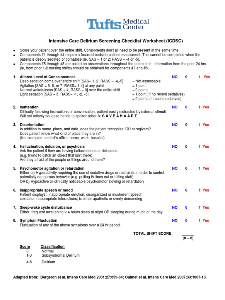 2013 Tufts ICU Delirium Screening Checklist | Download Free PDF ...
