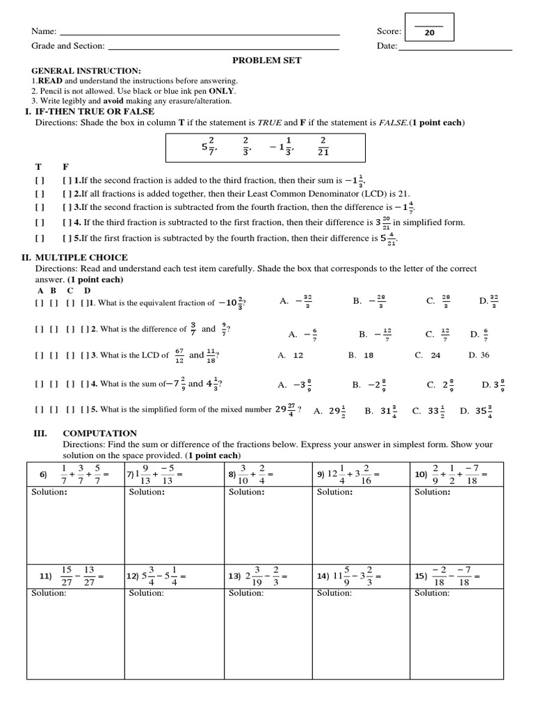 Fractions Problem Set: Solving Fraction Operations and Equivalencies ...