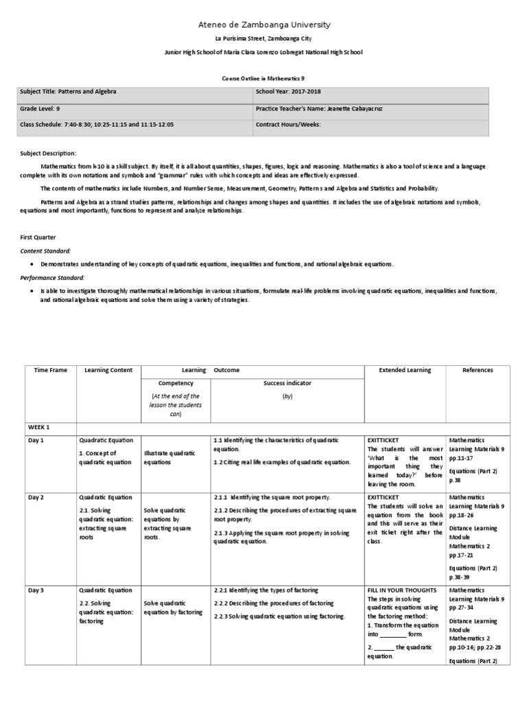Final Course Outline | PDF | Quadratic Equation | Equations