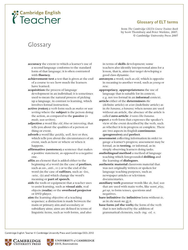 Glossary of ELT Terms | PDF | Verb | English Language