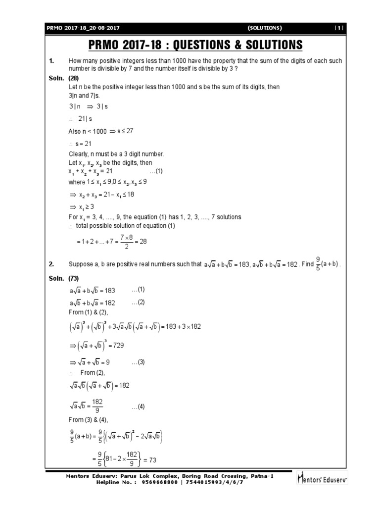 Prmo 2017-18: Questions & Solutions: 1. Soln. | PDF | Prime Number ...