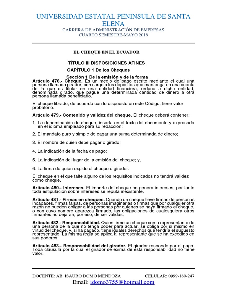 Ley de Cheques en Ecuador: Claves y Reglas | PDF | Cheque | Estatuto de ...