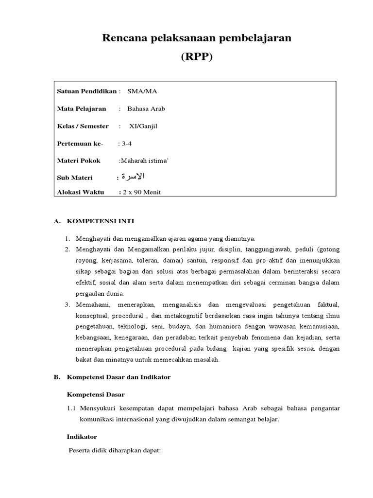 Contoh RPP Bahasa Arab Untuk Sma Sederajat | PDF