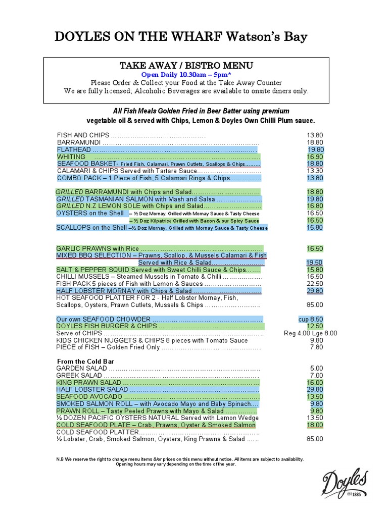 Doyles On The Wharf Watson'S Bay: Take Away / Bistro Menu | PDF ...