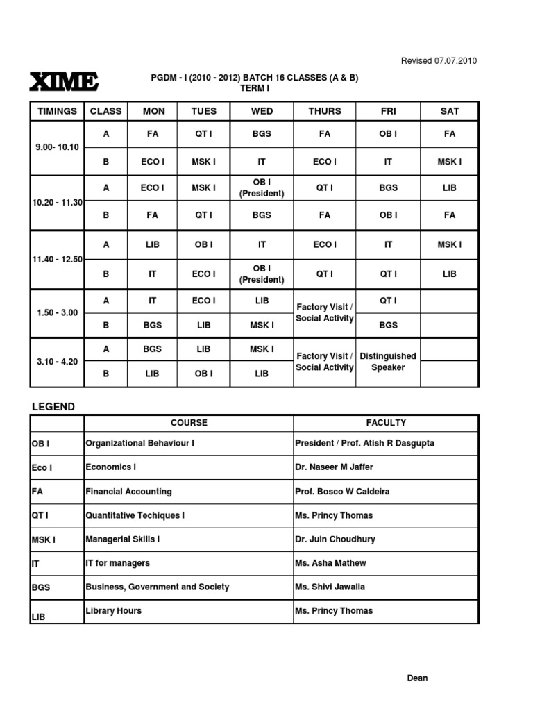 PGDM I Term 1 Class Schedule 2010 | PDF