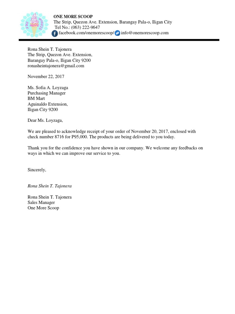 Letter of Acknowledgment Example | PDF