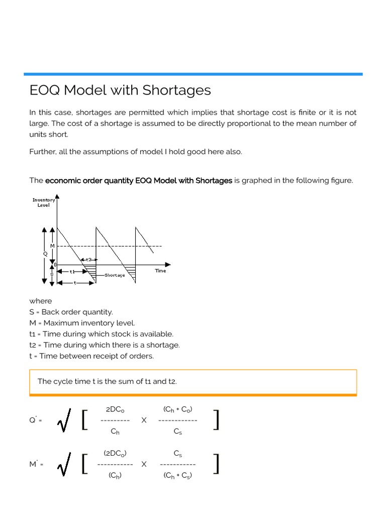 Eoq Model With Shortages Pdf Inventory Mathematical And