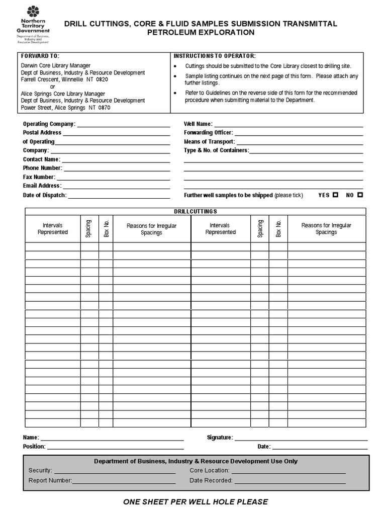 Drill Cuttings, Core & Fluid Samples Submission Transmittal Petroleum ...