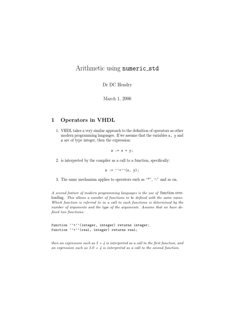 Arithmetic Using Numeric STD: 1 Operators in VHDL | PDF | Vhdl | Function (Mathematics)