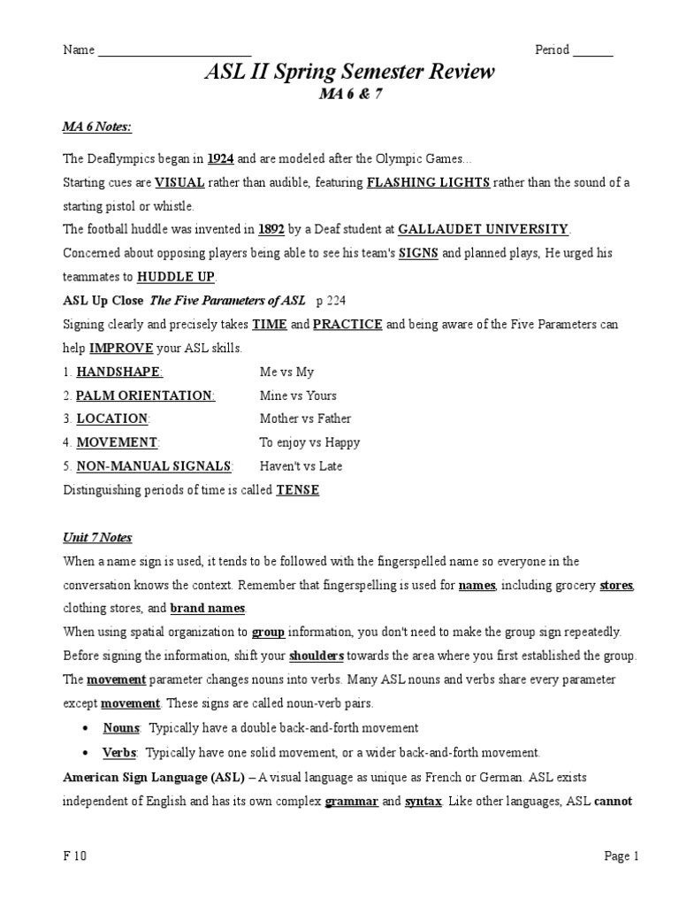 ASL II Spring Semester Review: MA 6 Notes | PDF | American Sign ...