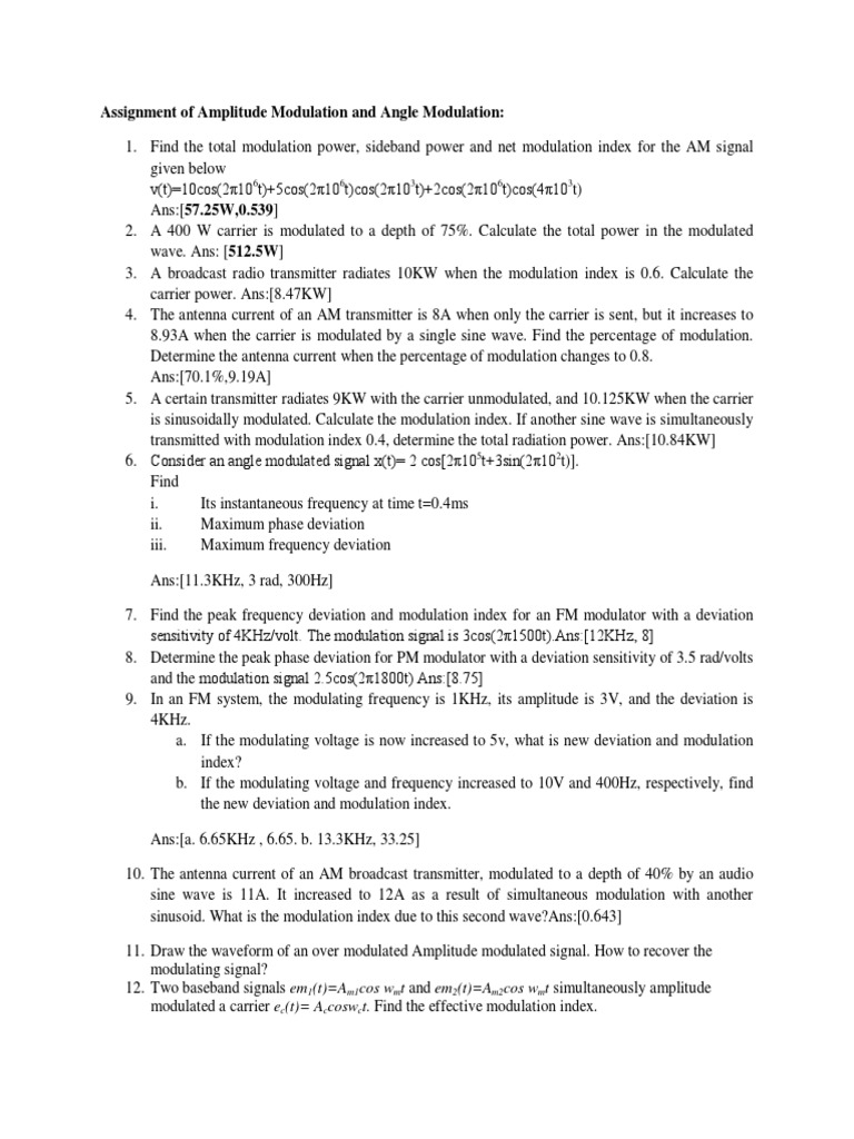 Assignment Of Amplitude Modulation And Angle Modulation Download Free