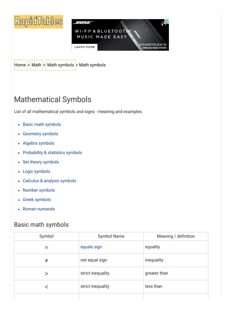 Comprehensive Math Symbols Guide | PDF | Variance | Set (Mathematics)