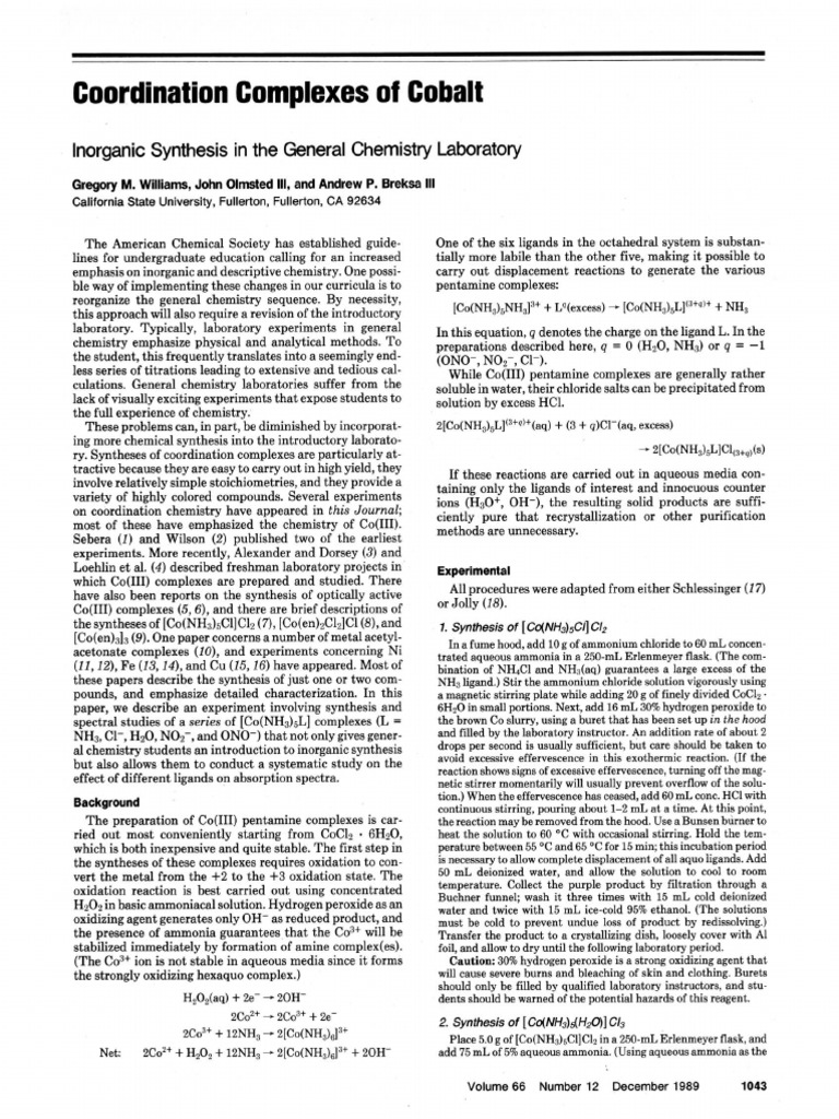 Coordination Complexes of Cobalt PDF | PDF | Coordination Complex | Ammonia