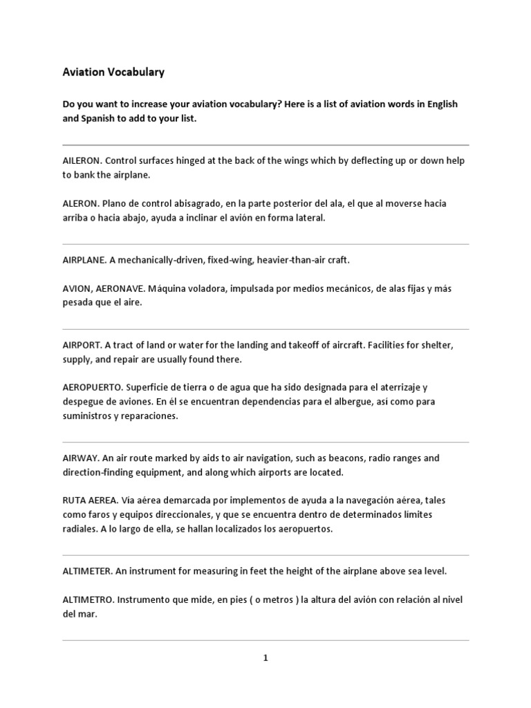 Vocabulario de Aviación Bilingüe | PDF | Avión | Levantar (Fuerza)