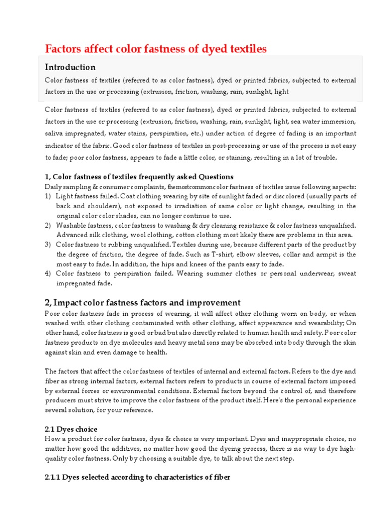 Factors Influencing Textile Color Fastness | PDF | Dye | Dyeing