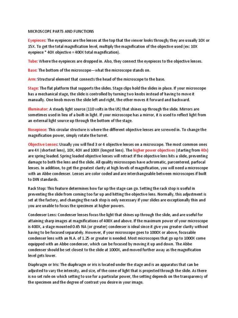 Microscope Parts and Their Functions | PDF | Lens (Optics) | Glass ...