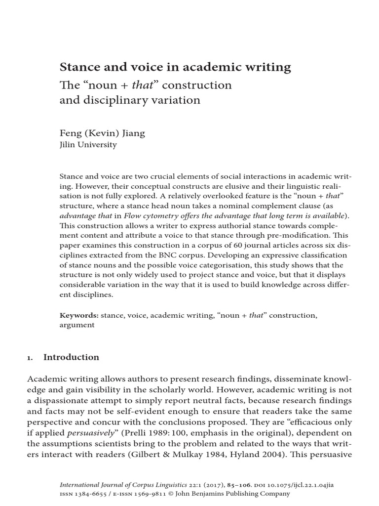 Stance and Voice in Academic Writing: The "Noun + That" Construction ...
