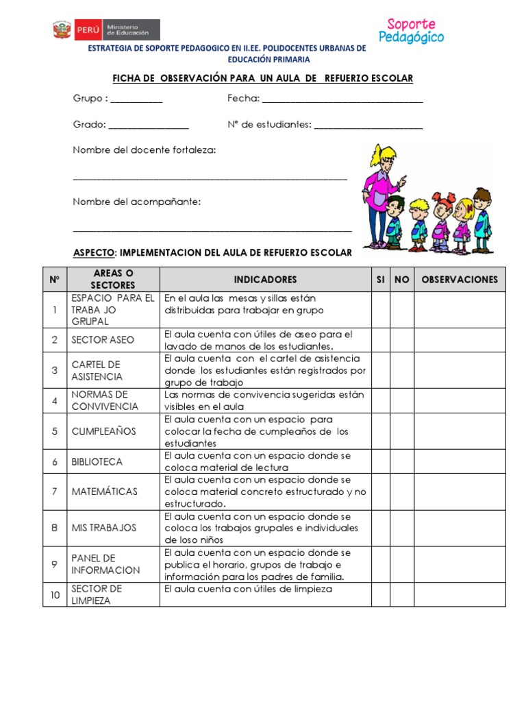 Ficha de Observación Para Un Aula de Refuerzo Escolar | Salón de clases | Maestros
