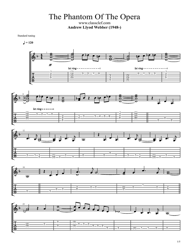 Phantom of the Opera Music Tabs | PDF | Compositions | Musical Theatre