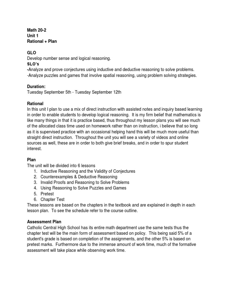 Math 20-2 Unit 1 Rational + Plan GLO SLO's - Analyze and Prove Conjectures Using Inductive and ...
