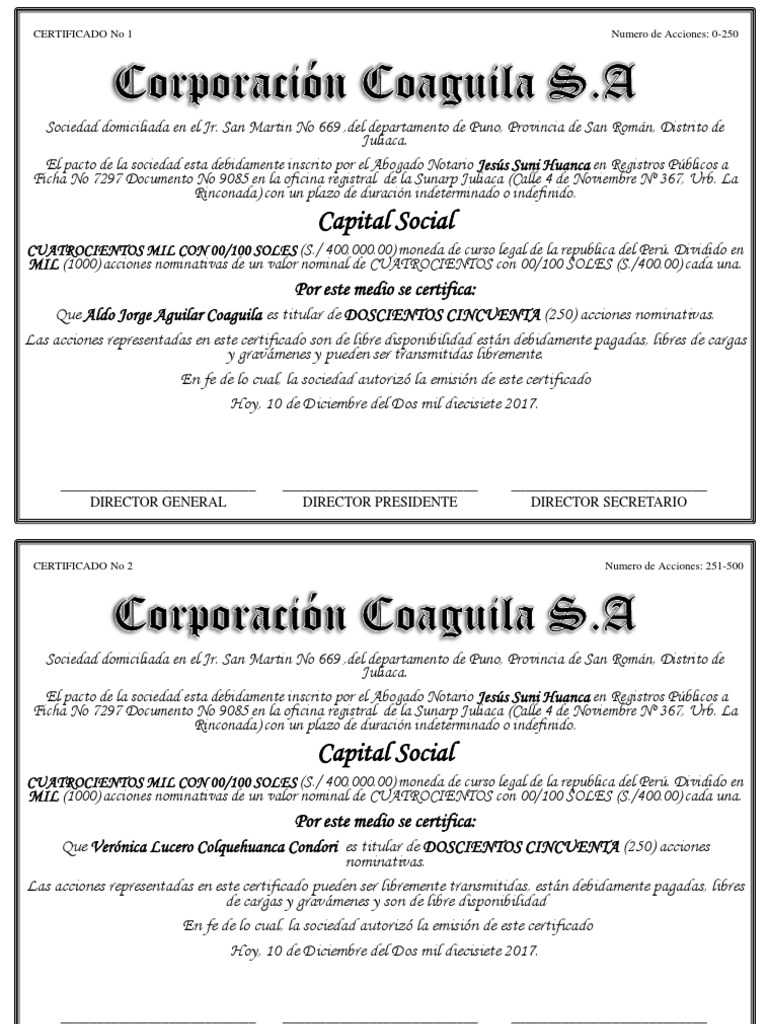 Certificado de acciones MODELO | Compartir (Finanzas) | Gobierno