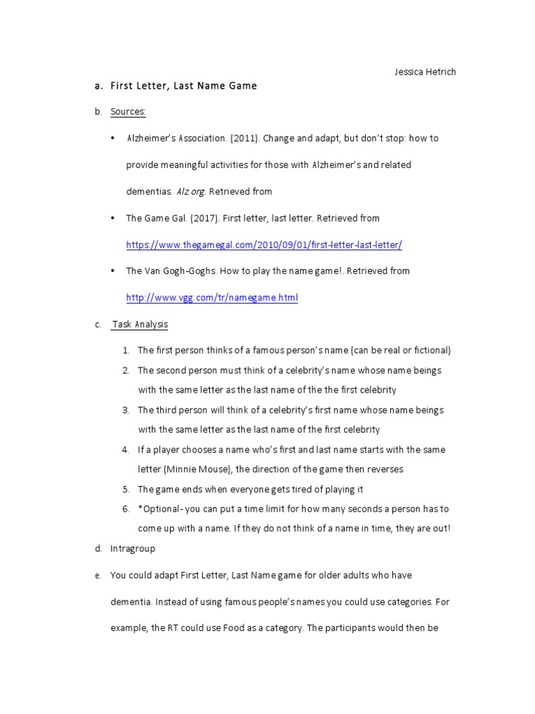 First Letter Last Name Game | Download Free PDF | Mental Processes | Memory