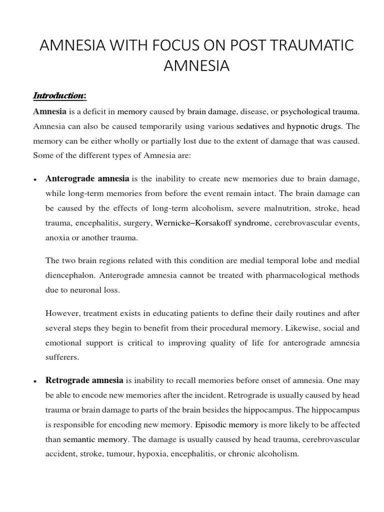 Amnesia With Focus On Post Traumatic Amnesia | PDF | Amnesia ...
