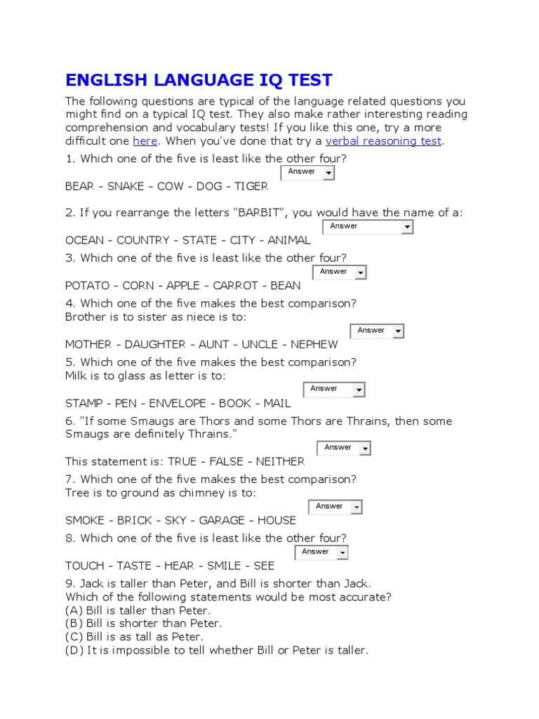 English Language Iq Test | PDF