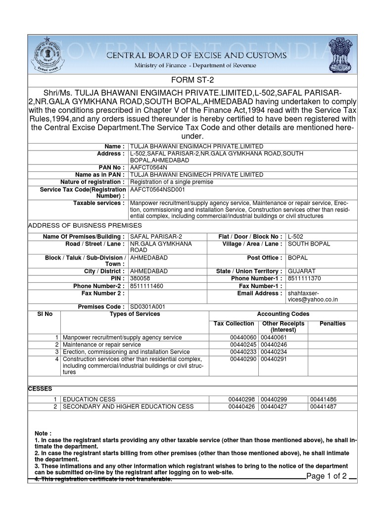 Service Tax Registration Certificate ST-2 | PDF | Government Finances ...