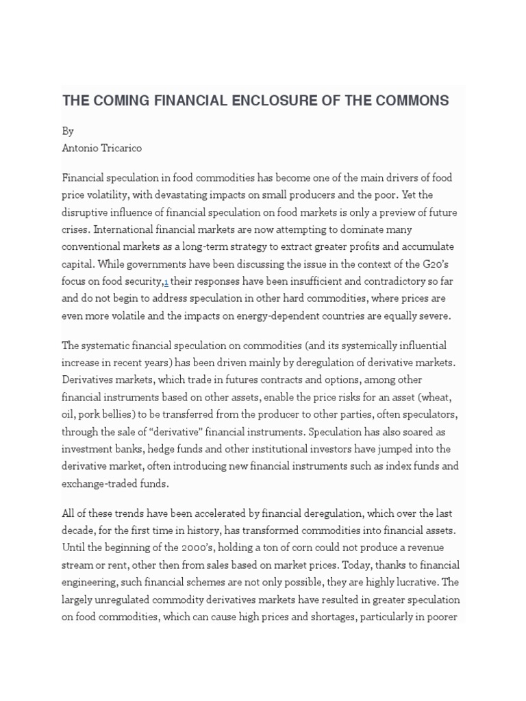 Financial Enclosure of Commons | PDF | Speculation | Financial Markets