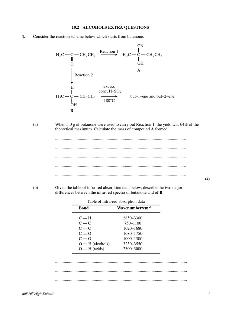 10.2 Alcohols Extra Questions 1.: Mill Hill High School 1 | PDF ...