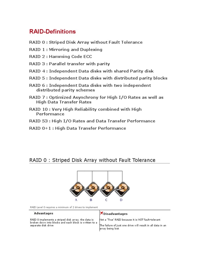 Raid Definitions Raid 0 Striped Disk Array Without Fault Tolerance