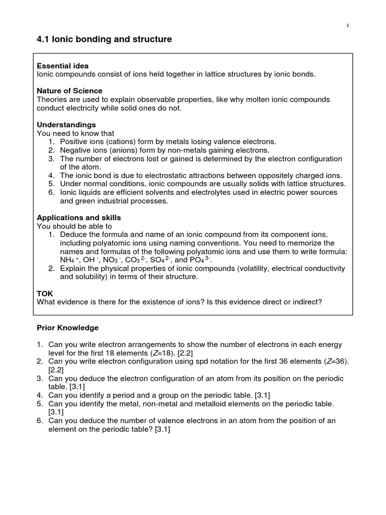 4.1 Ionic Bonding and Structure | PDF | Ion | Ionic Bonding