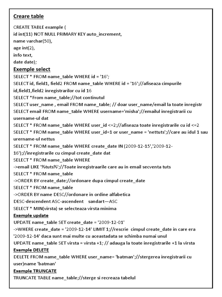 Creare Table: Exemple Update | PDF