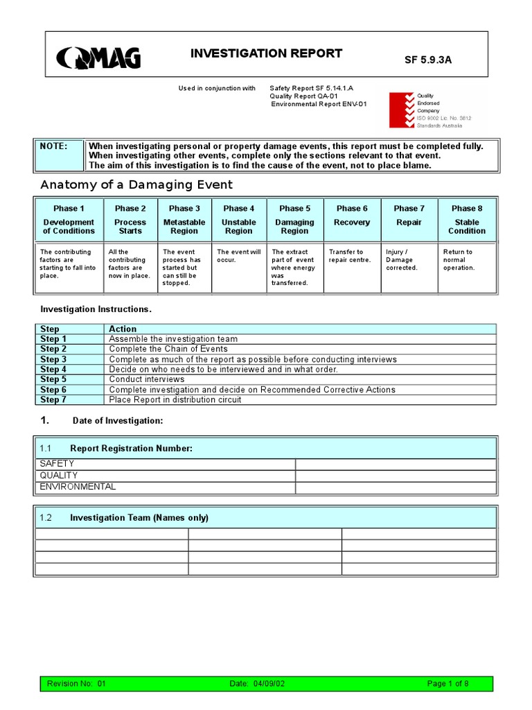 Safety Investigation Report | Risk Assessment | Occupational Safety And ...