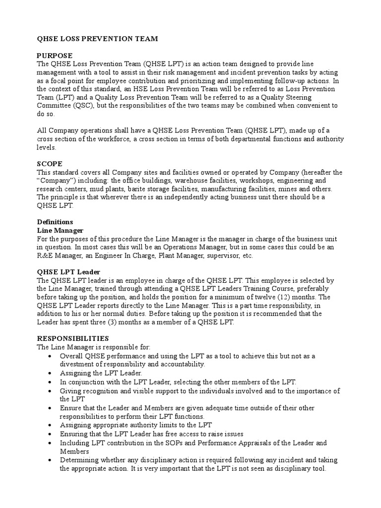 Qhse Loss Prevention Team | PDF | Risk Management | Leadership