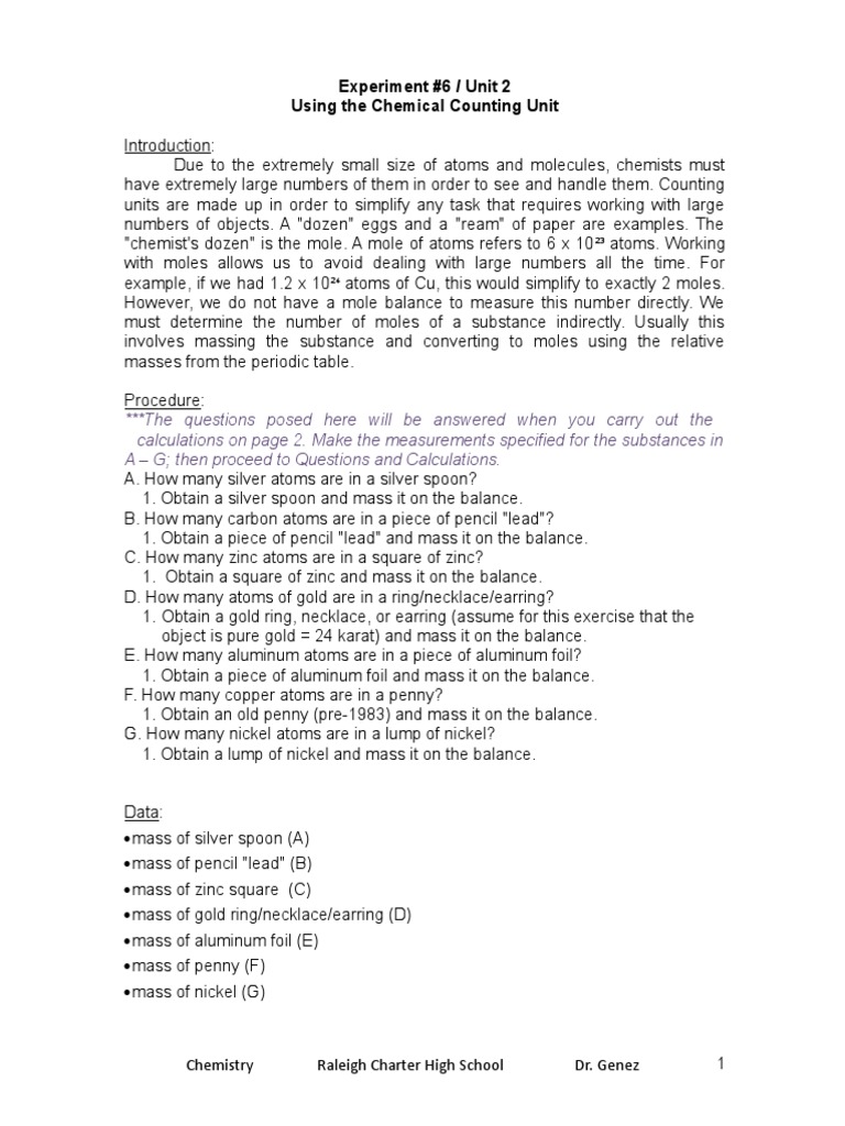 Counting Atoms with Moles Lab Guide | PDF | Mole (Unit) | Chemical ...