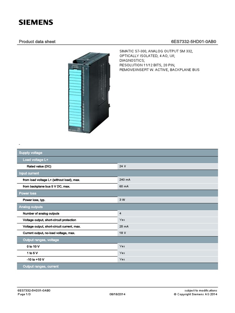 Product Data Sheet 6ES7332-5HD01-0AB0 | PDF | Capacitor | Electrical Components