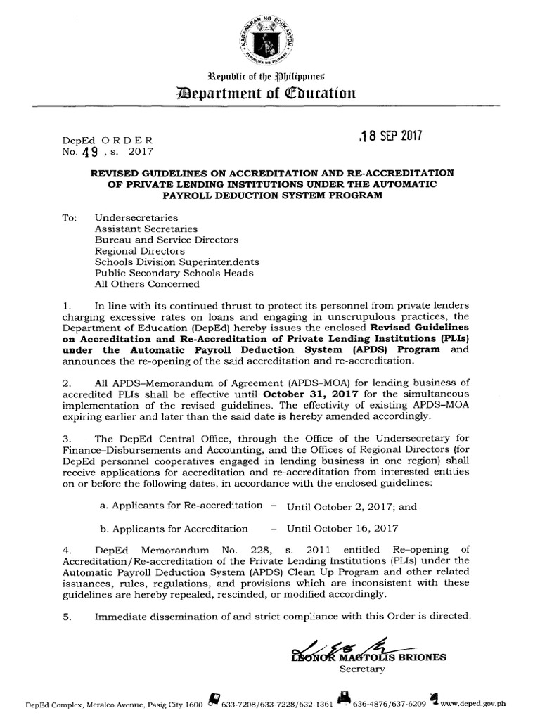 DO - s2017 - 049 Revised Guidelines On Accreditation Re-Accreditation of PLIs Under The APDS ...