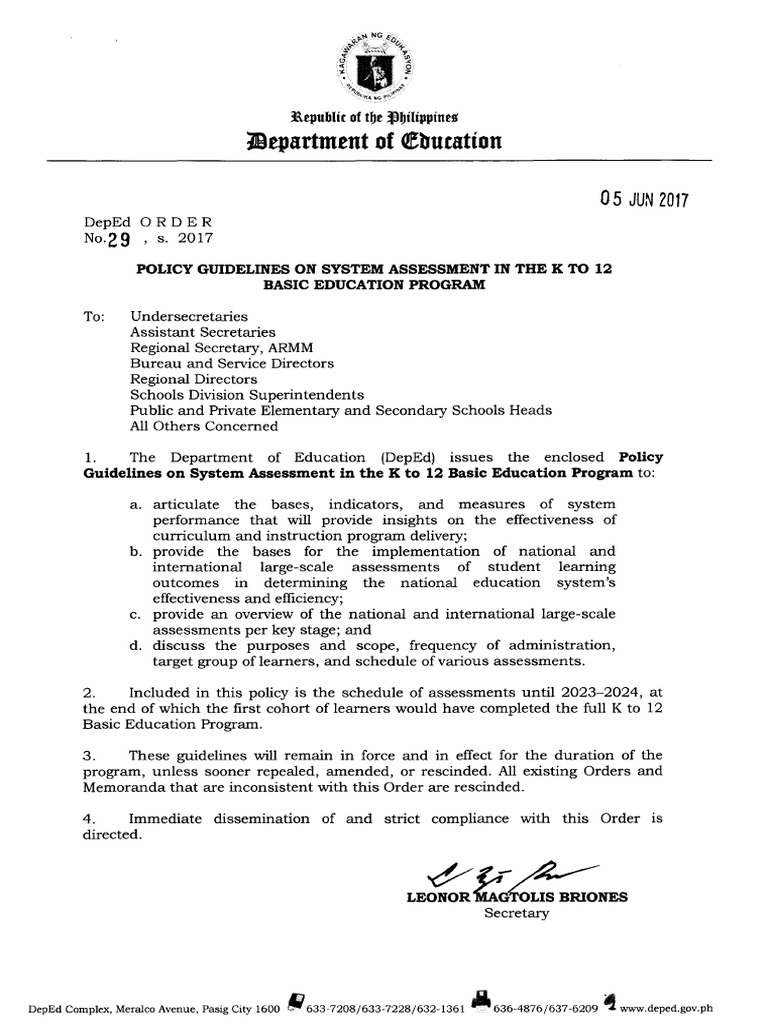 DO - s2017 - 029 Policy Guidelines On System Assessment in The K To 12 Basic Education Program | PDF