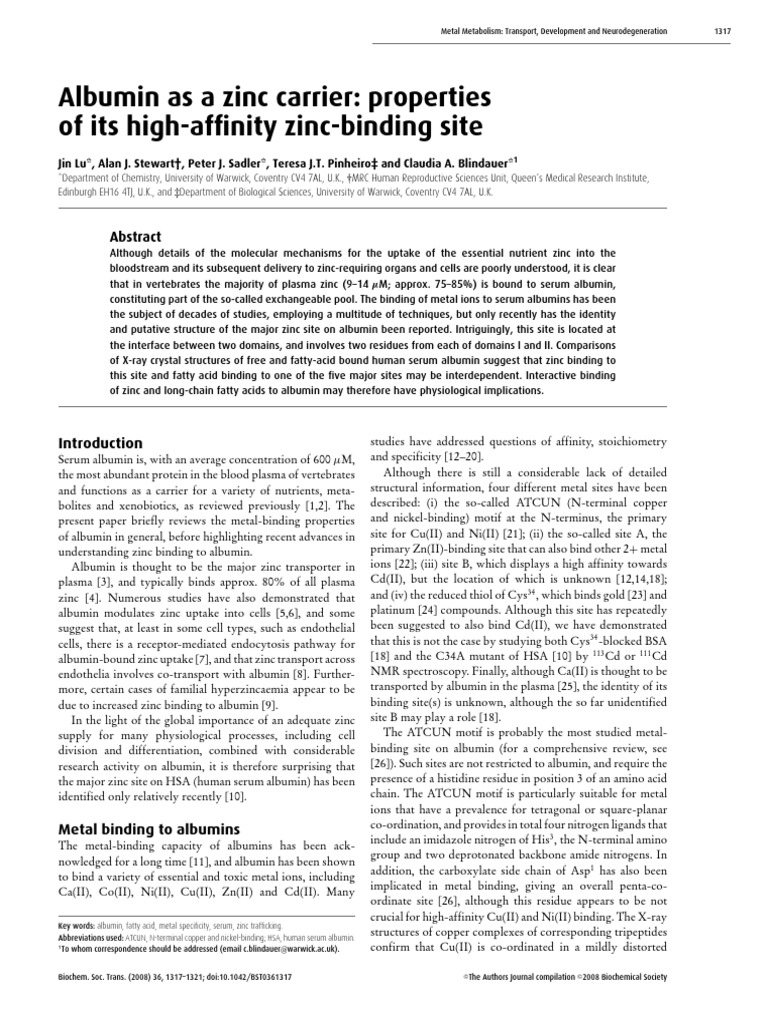Albumin As A Zinc Carrier | PDF | Ligand (Biochemistry) | Protein Domain