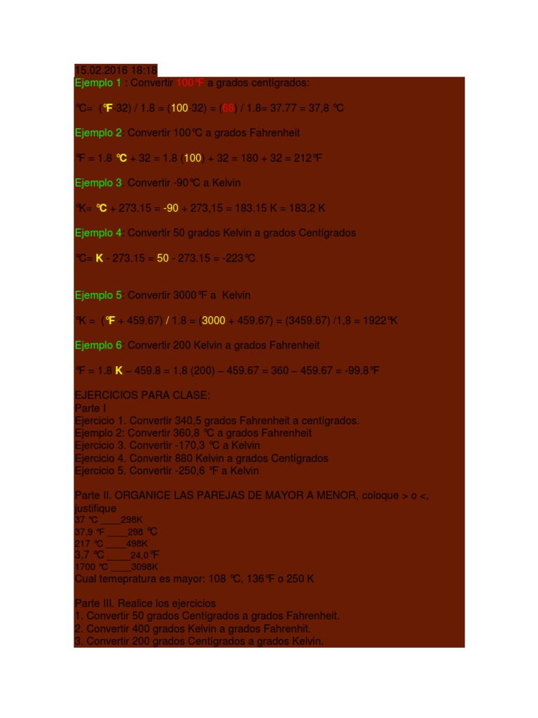 Ejercicios de Temperatura | PDF | Celsius | Fahrenheit