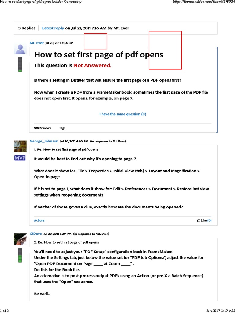 00 Info - How To Set First Page of PDF Opens (Adobe Community) | PDF | Computing | Computer File ...