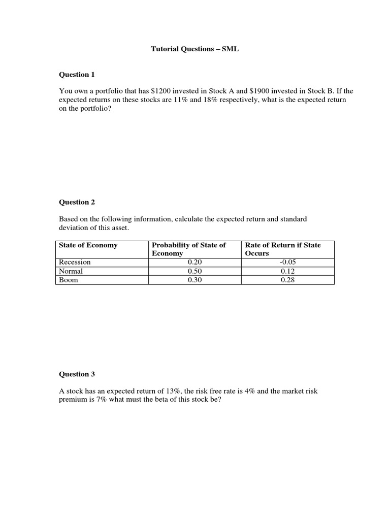 Tutorial Questions - SML | PDF | Beta (Finance) | Market (Economics)