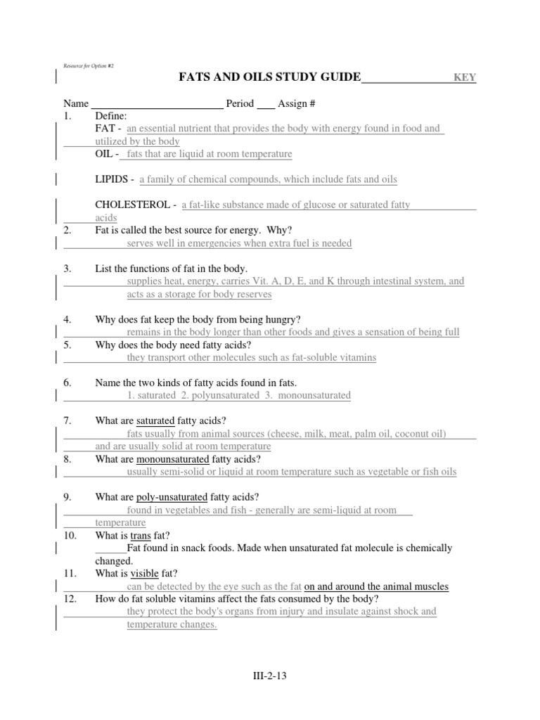 Fats & Oils Study Guide Key | PDF | Fat | Vegetable Oil