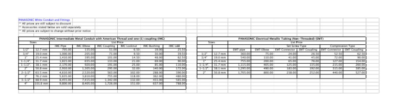 EMT PIPE PRICELIST.pdf | Components | Pipe (Fluid Conveyance)
